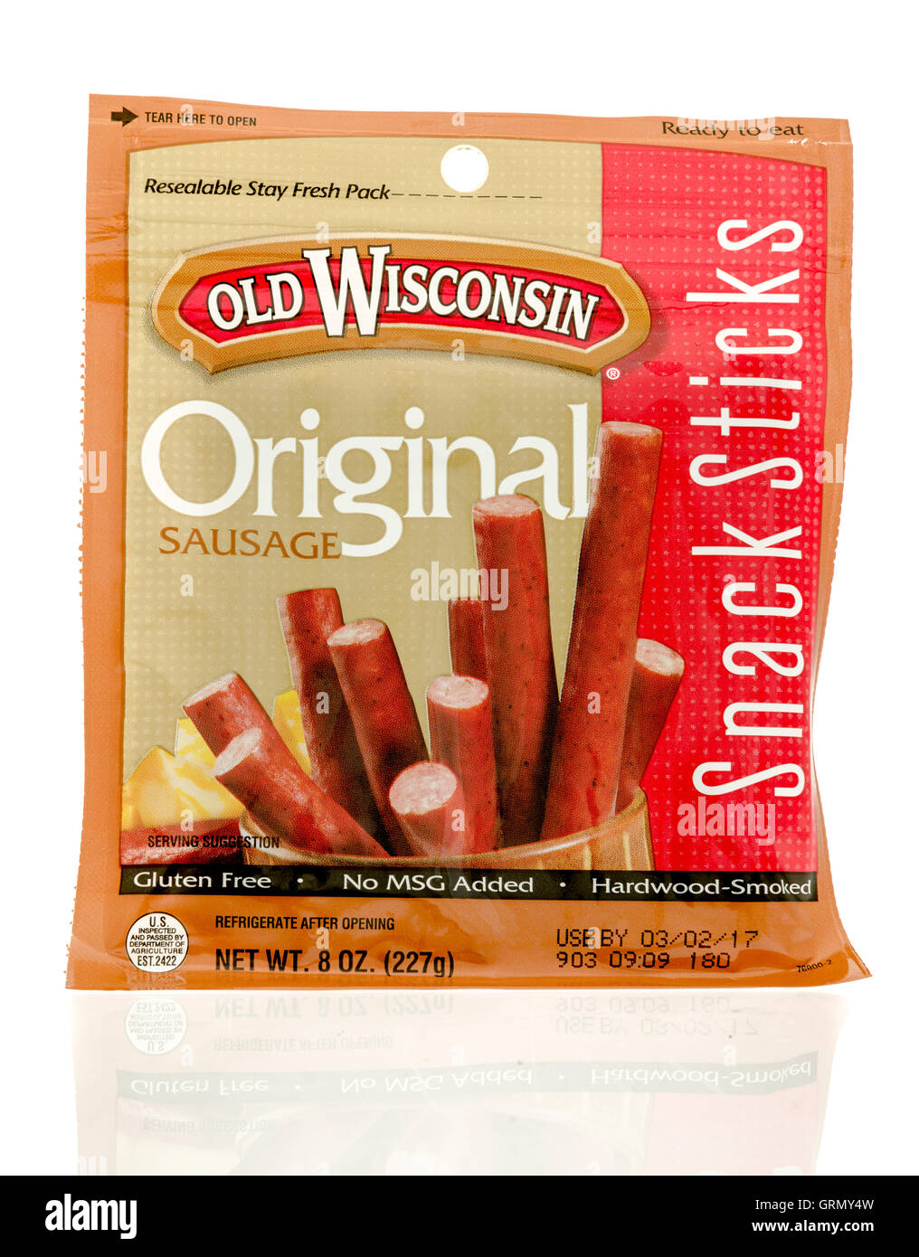 Winneconne, WI - 29 July 2016: Package of old Wisconsin snack sticks in ...