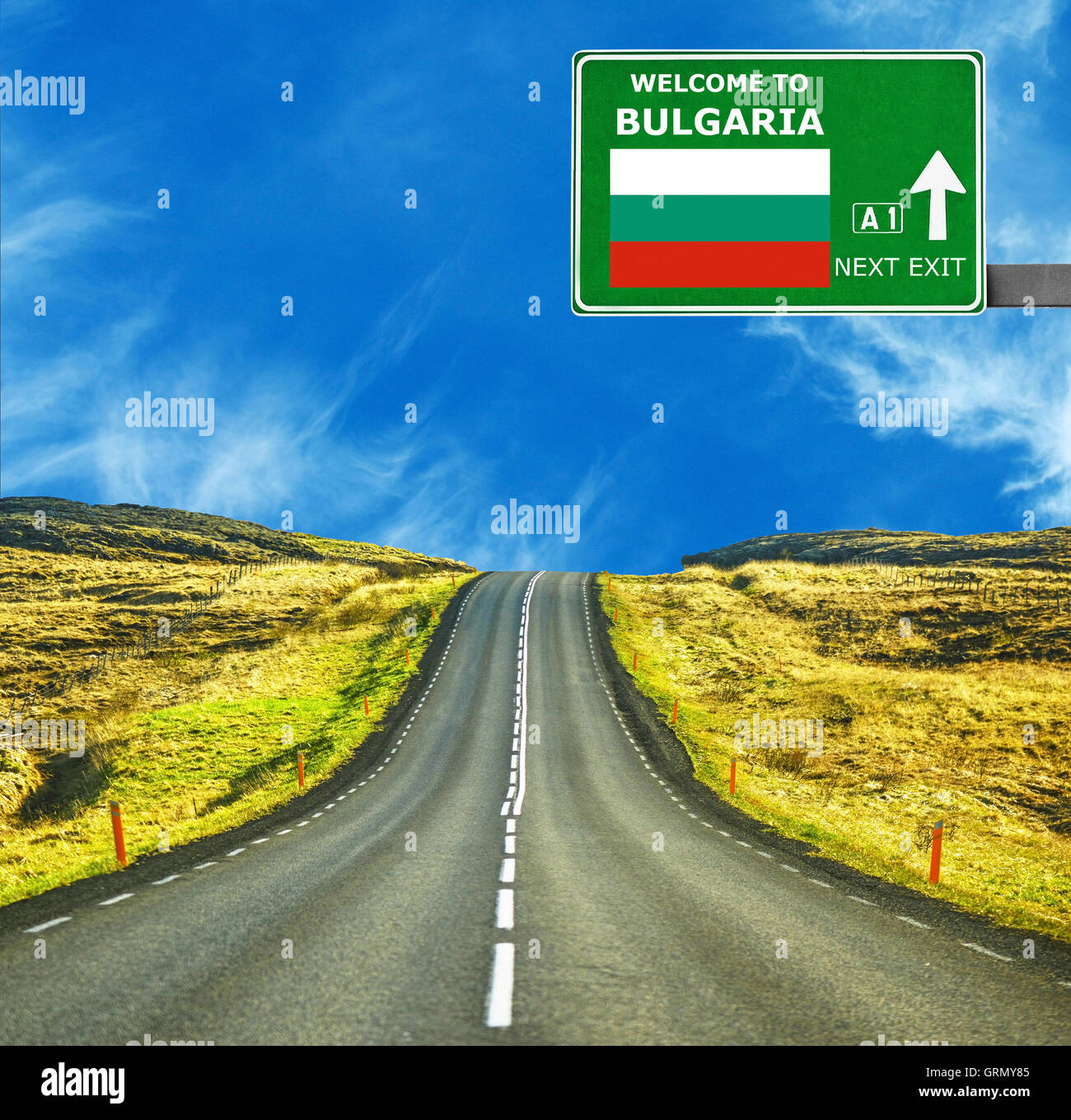 Bulgaria road sign against clear blue sky Stock Photo - Alamy