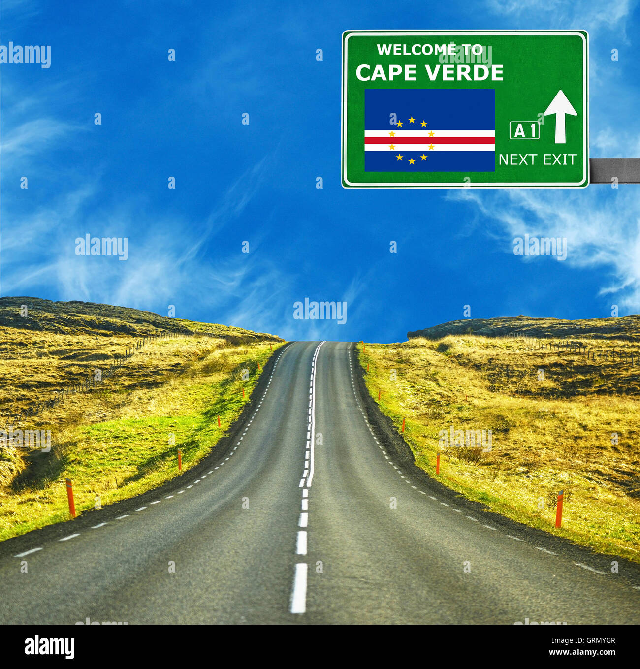 Cape Verde road sign against clear blue sky Stock Photo - Alamy