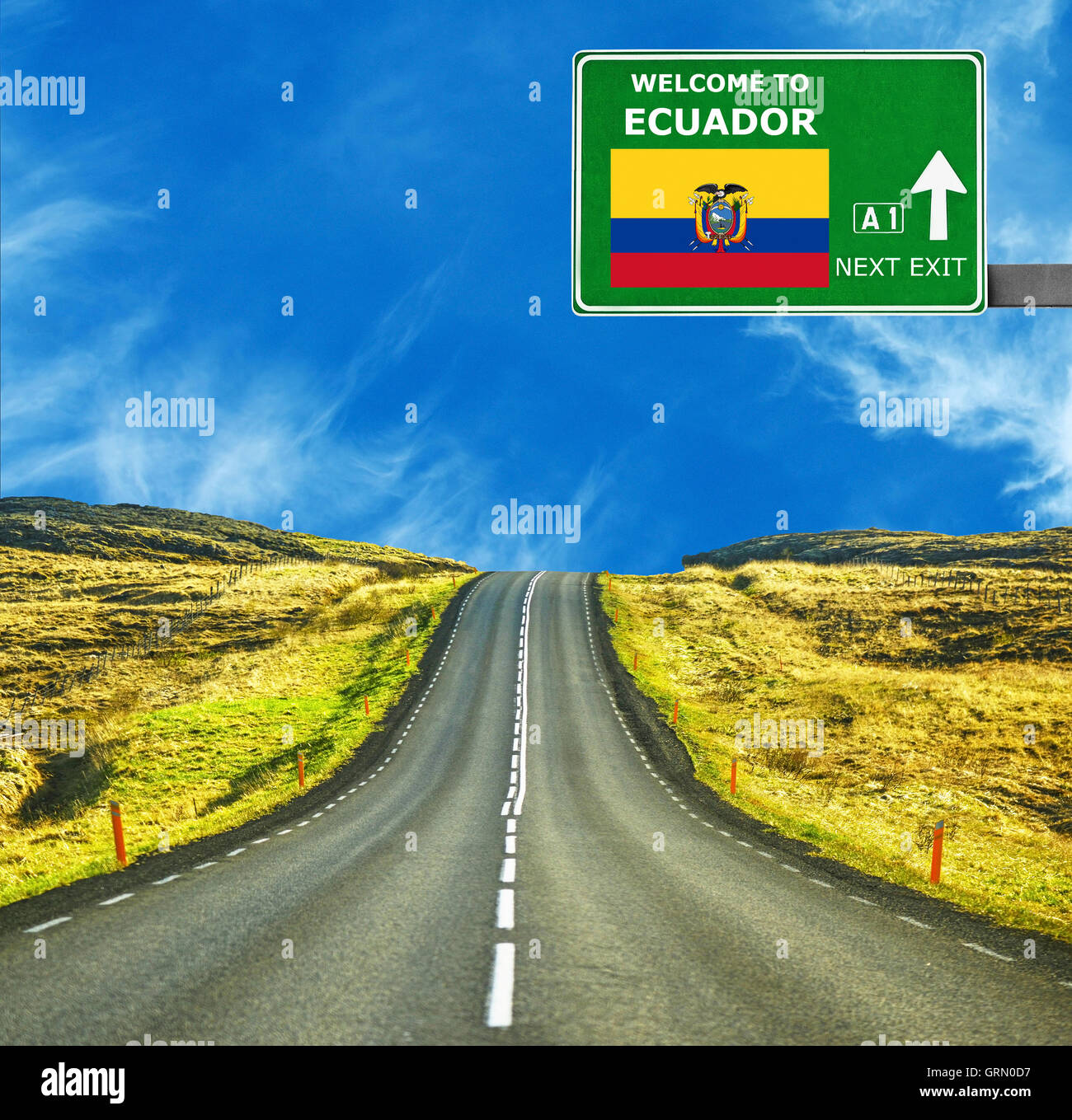 Ecuador road sign against clear blue sky Stock Photo - Alamy