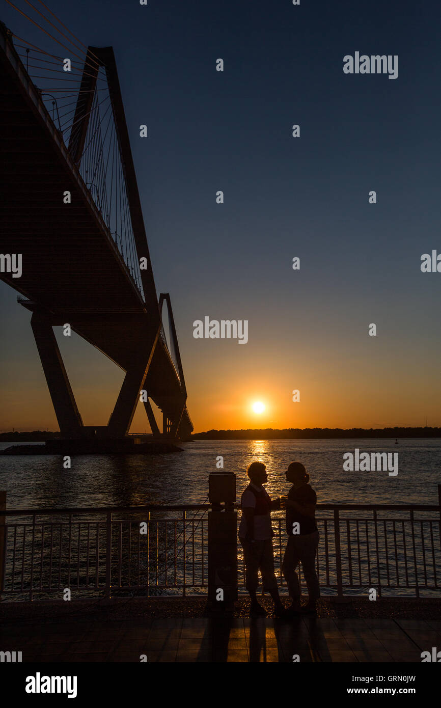 Sunset over Ravenel Bridge on Cooper River in Charleston, S.C Stock ...