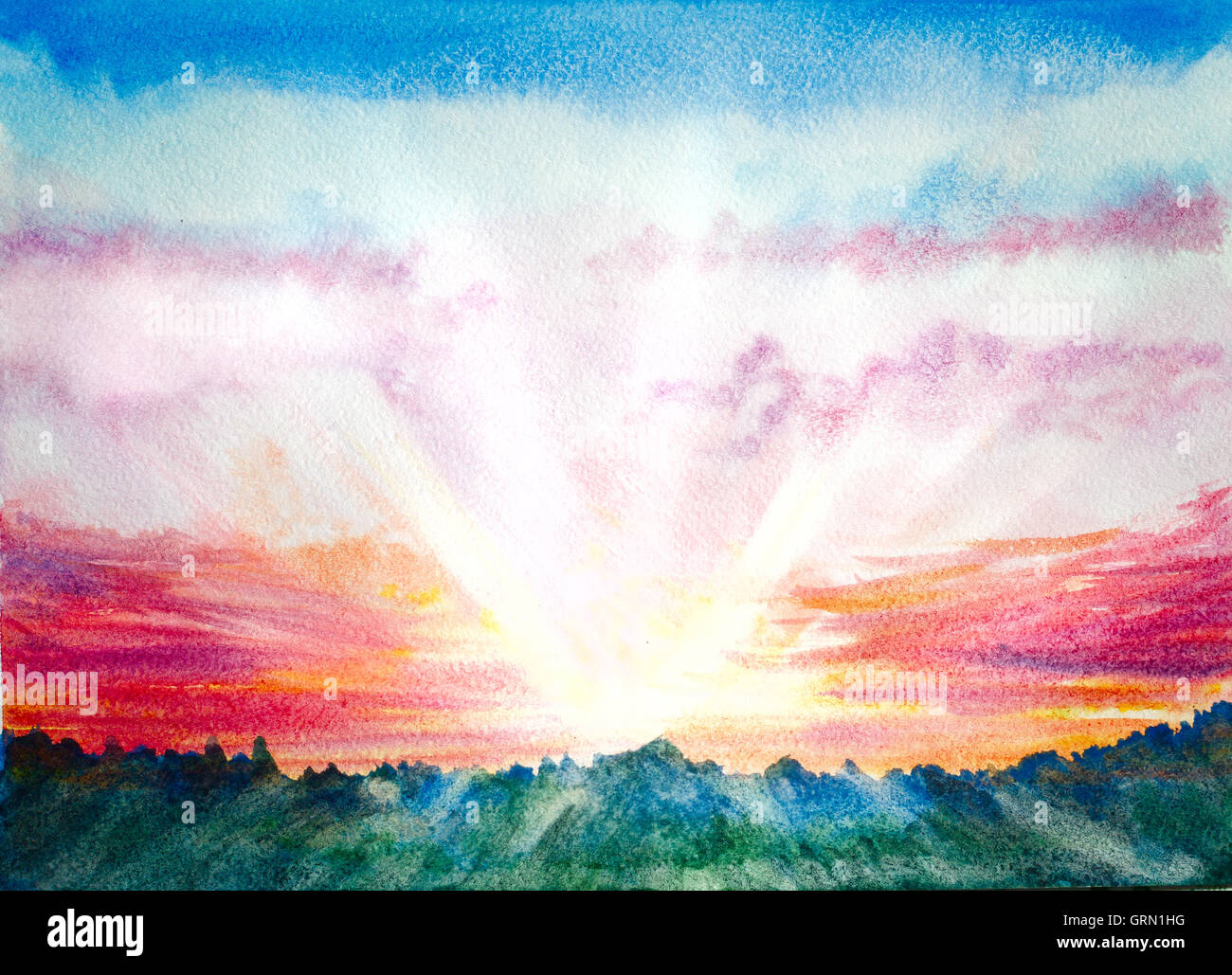 natural landscape with sunrise or sunset rays. hand painted watercolor ...