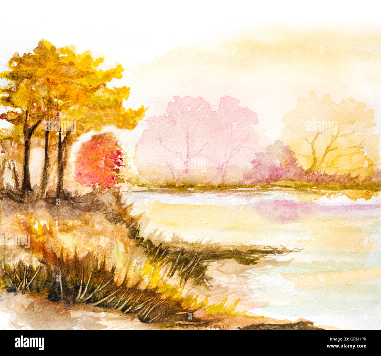 autumn trees and lake watercolor illustration Stock Photo - Alamy