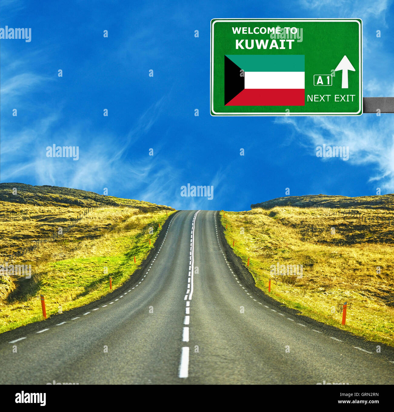 Kuwait road sign against clear blue sky Stock Photo - Alamy