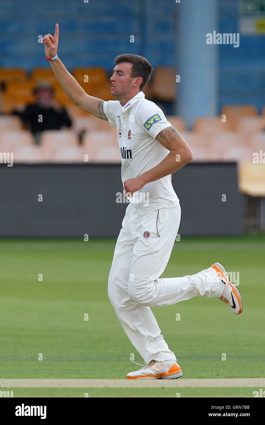 Reece Topley of Essex celebrates the wicket of Michael Klinger ...