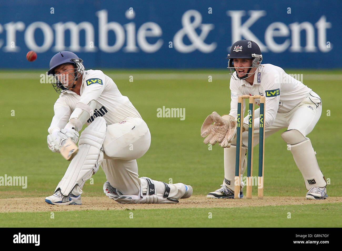 Greg Smith in batting action for Essex as Gareth Roderick looks on ...