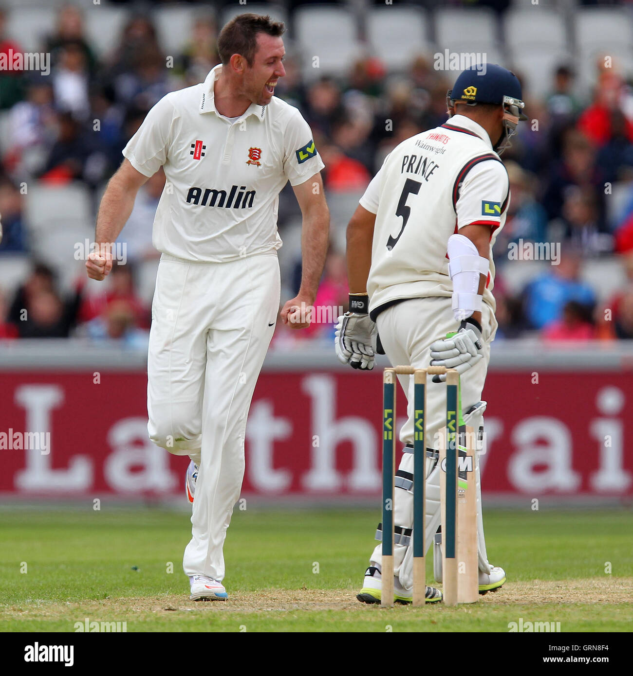 David Masters of Essex celebrates the wicket of Ashwell Prince ...