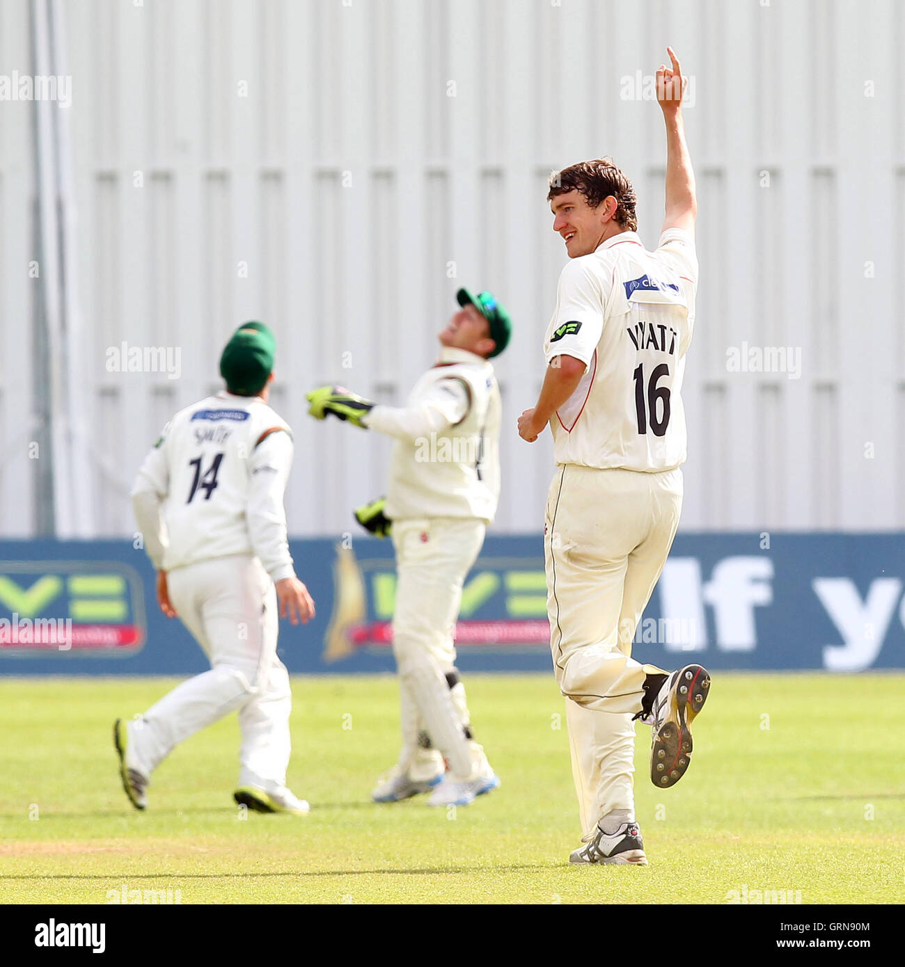 Alex Wyatt of Leicestershire celebrates the wicket of Tom Westley ...