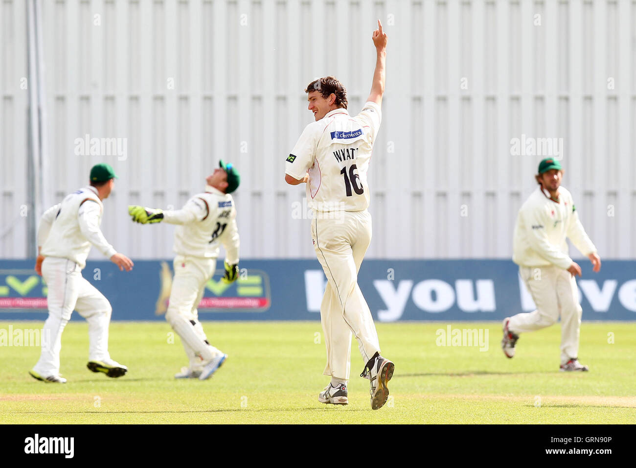 Alex Wyatt of Leicestershire celebrates the wicket of Tom Westley ...