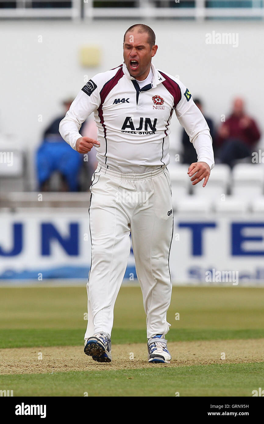 Andrew Hall of Northants celebrates the wicket of Bobby Quiney with his ...