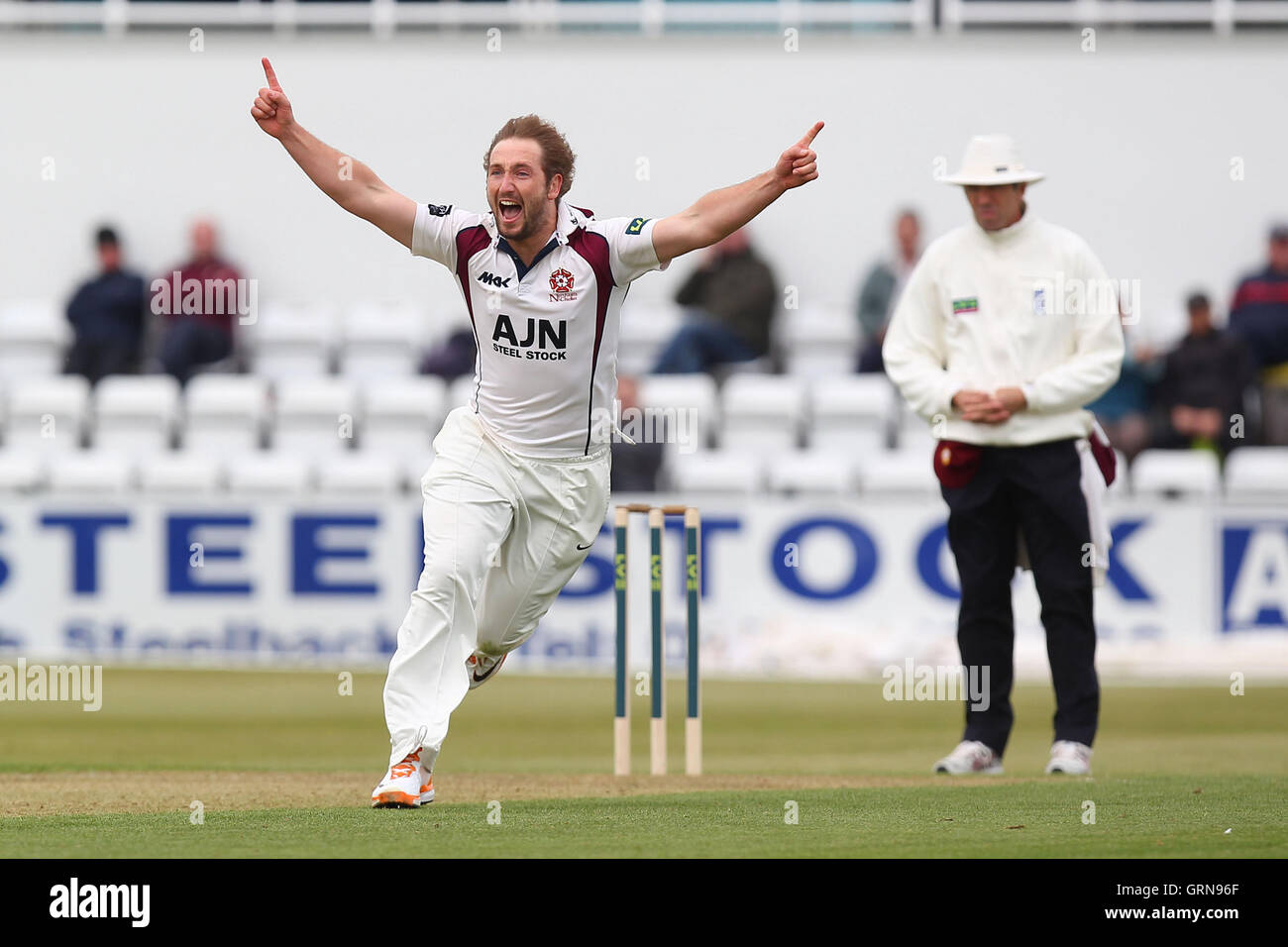 Steven Crook of Northants celebrates the wicket of Ravi Bopara ...