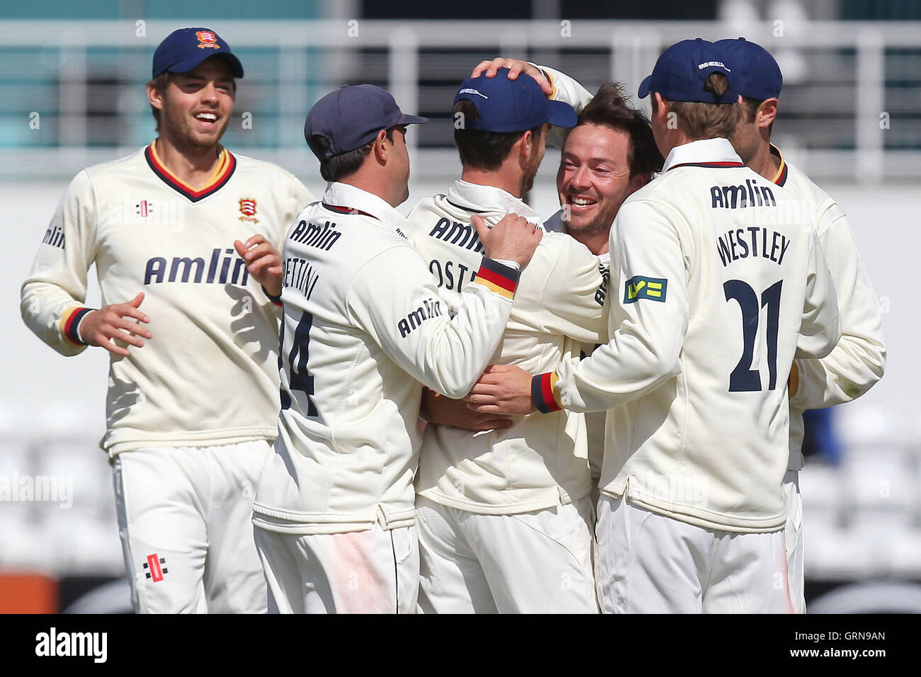 Graham Napier of Essex celebrates the wicket of Northants batsman James ...