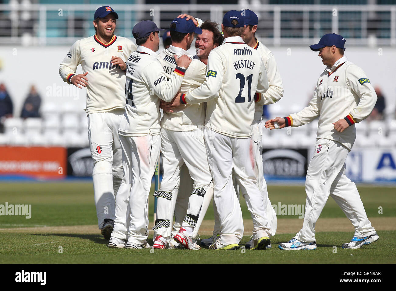 Graham Napier of Essex celebrates the wicket of Northants batsman James ...