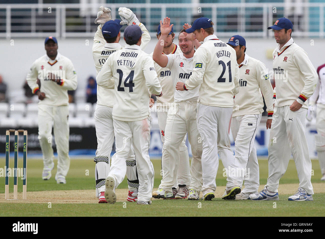 Graham Napier of Essex celebrates the wicket of Northants batsman David ...