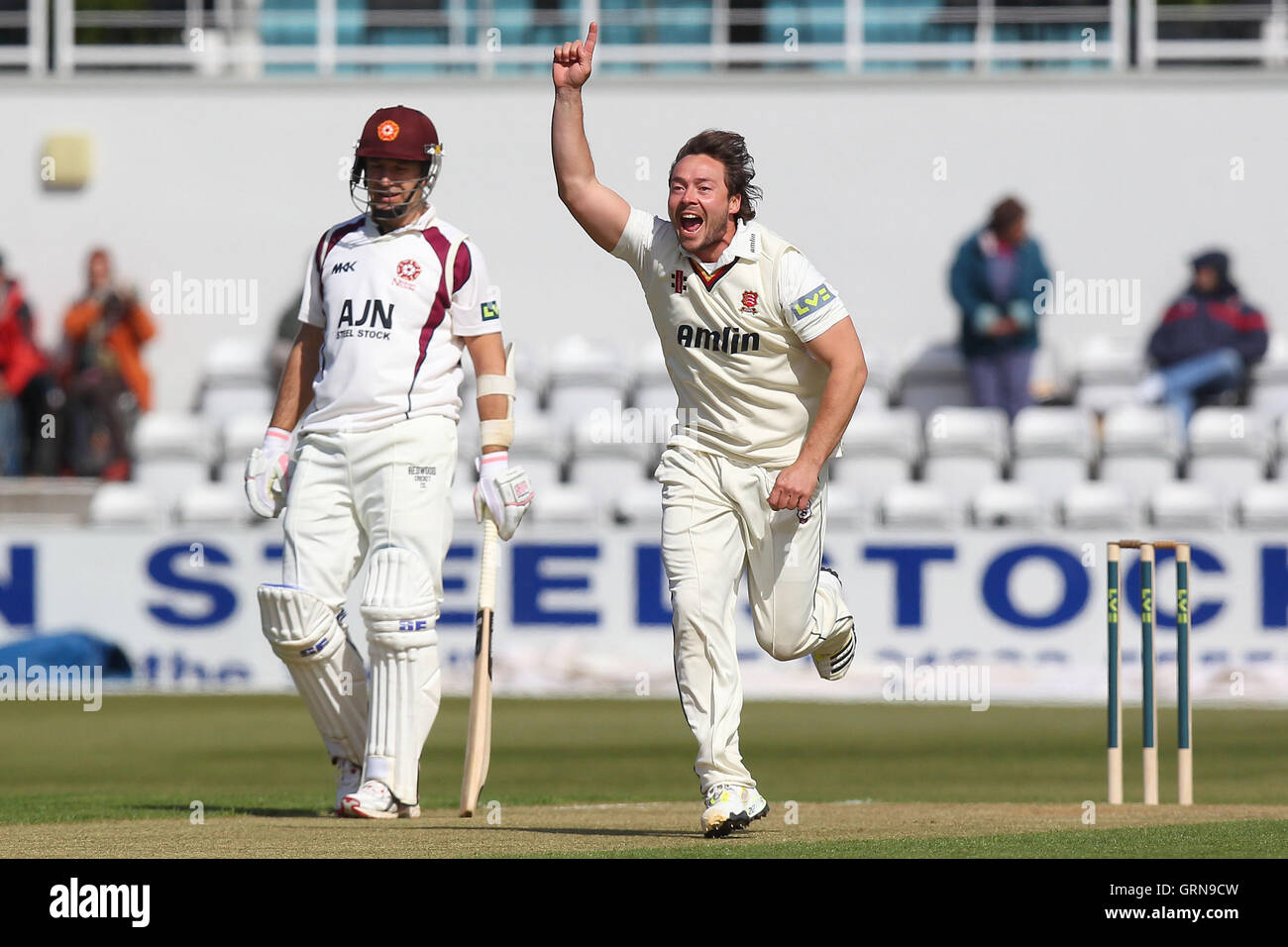 Graham Napier of Essex takes the wicket of Rob Newton with the first ...