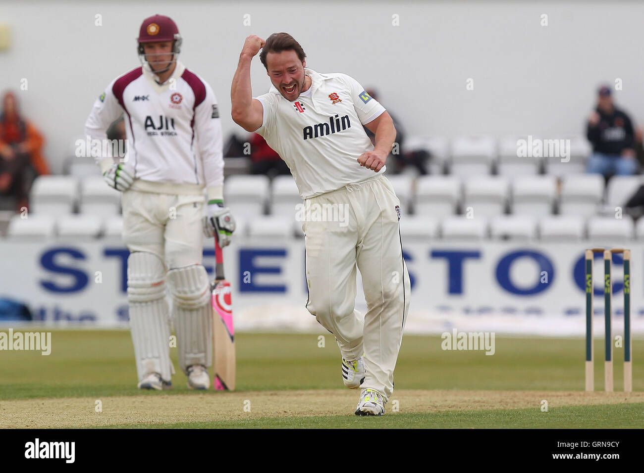 Graham Napier of Essex celebrates the wicket of David Murphy, his sixth ...