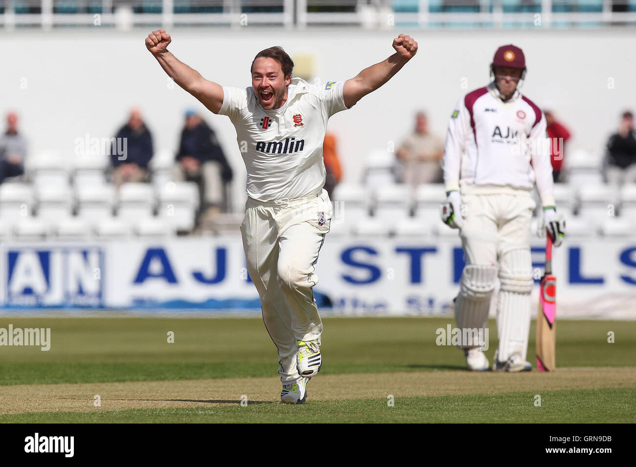 Graham Napier of Essex celebrates the wicket of James Middlebrook ...