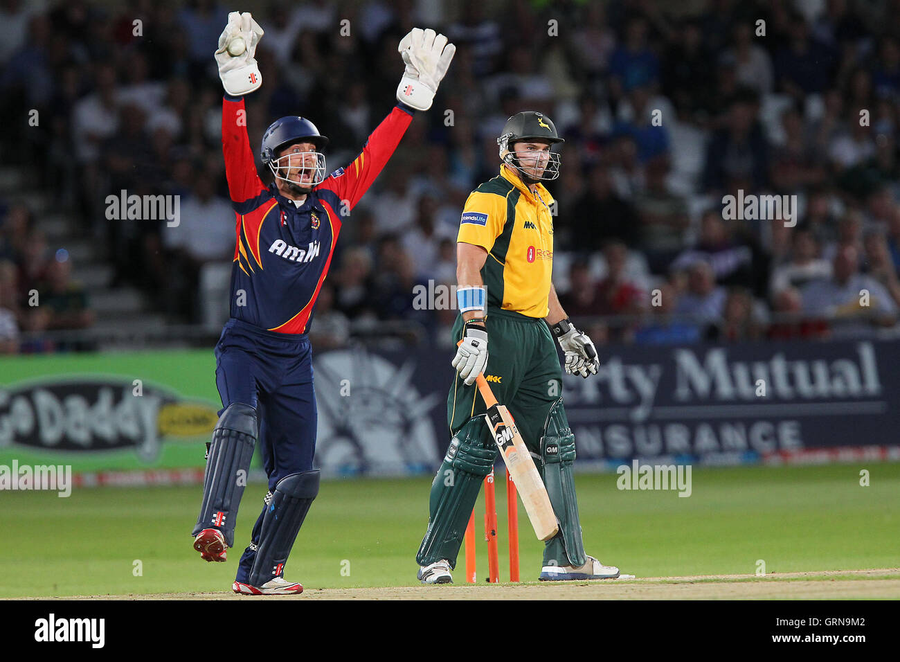 James Foster of Essex celebrates the wicket of Michael Lumb from the ...