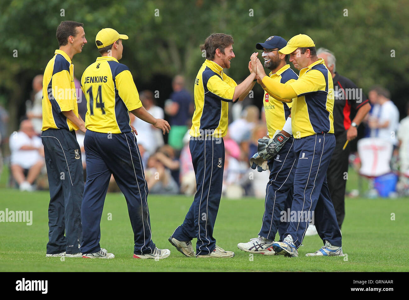 Upminster players celebrate the wicket of Owais Shah - Upminster CC vs ...
