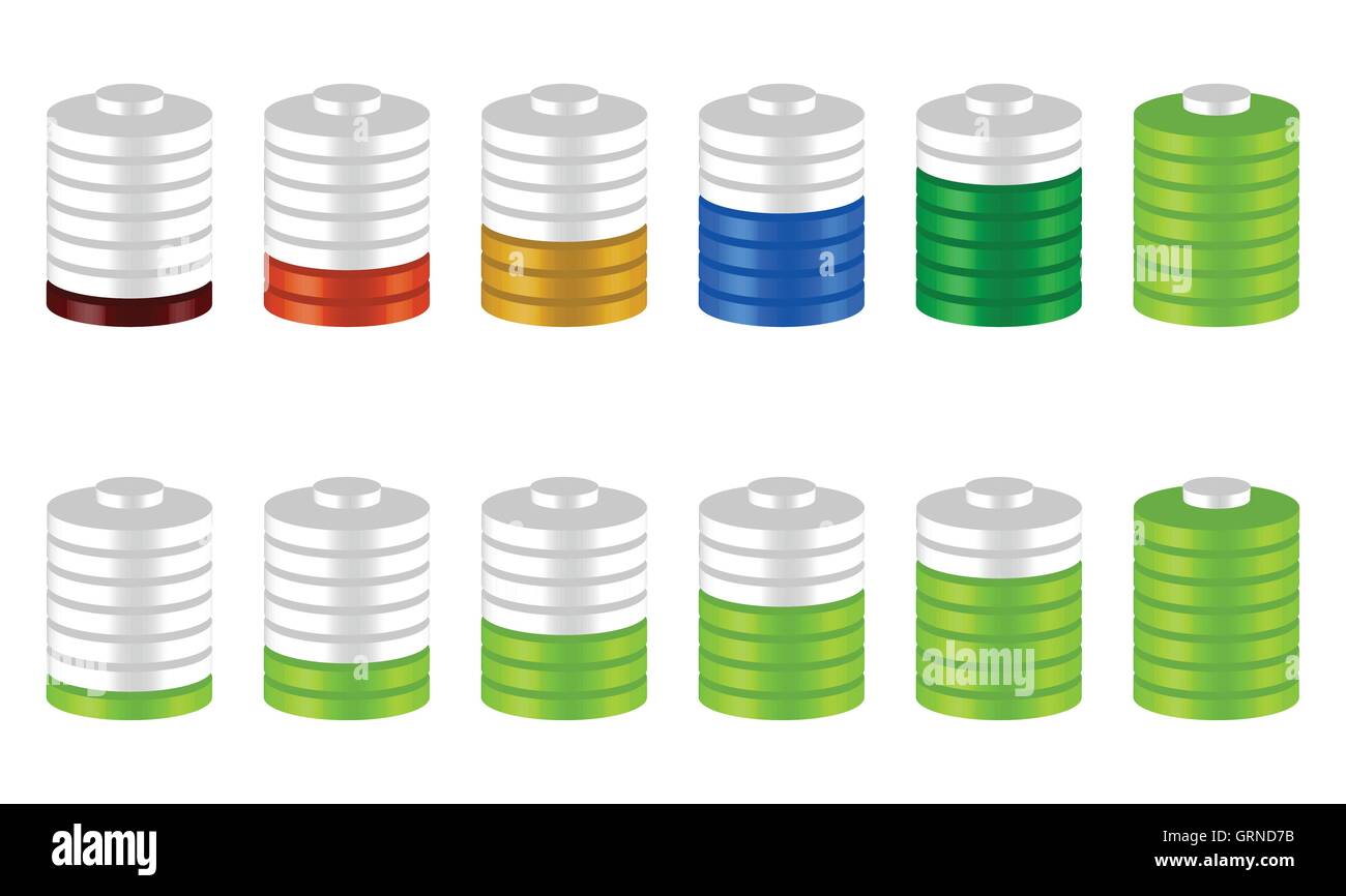 3d battery level indicators in sequence. Green and multicolor version ...