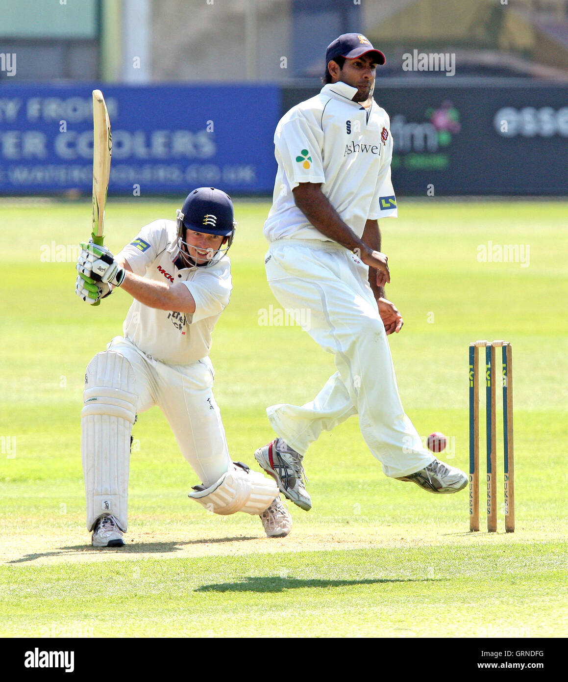 Varun Chopra of Essex takes evasive action as Ed Joyce of Middlesex ...