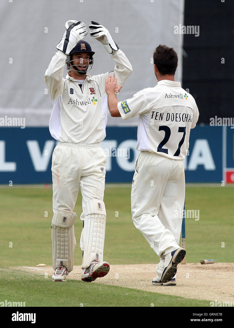 James Foster (left) congratulates Ryan ten Doeschate on the wicket of ...