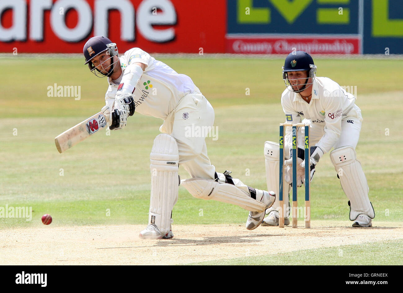 James Foster in batting action for Essex as Mark Wallace looks on from ...