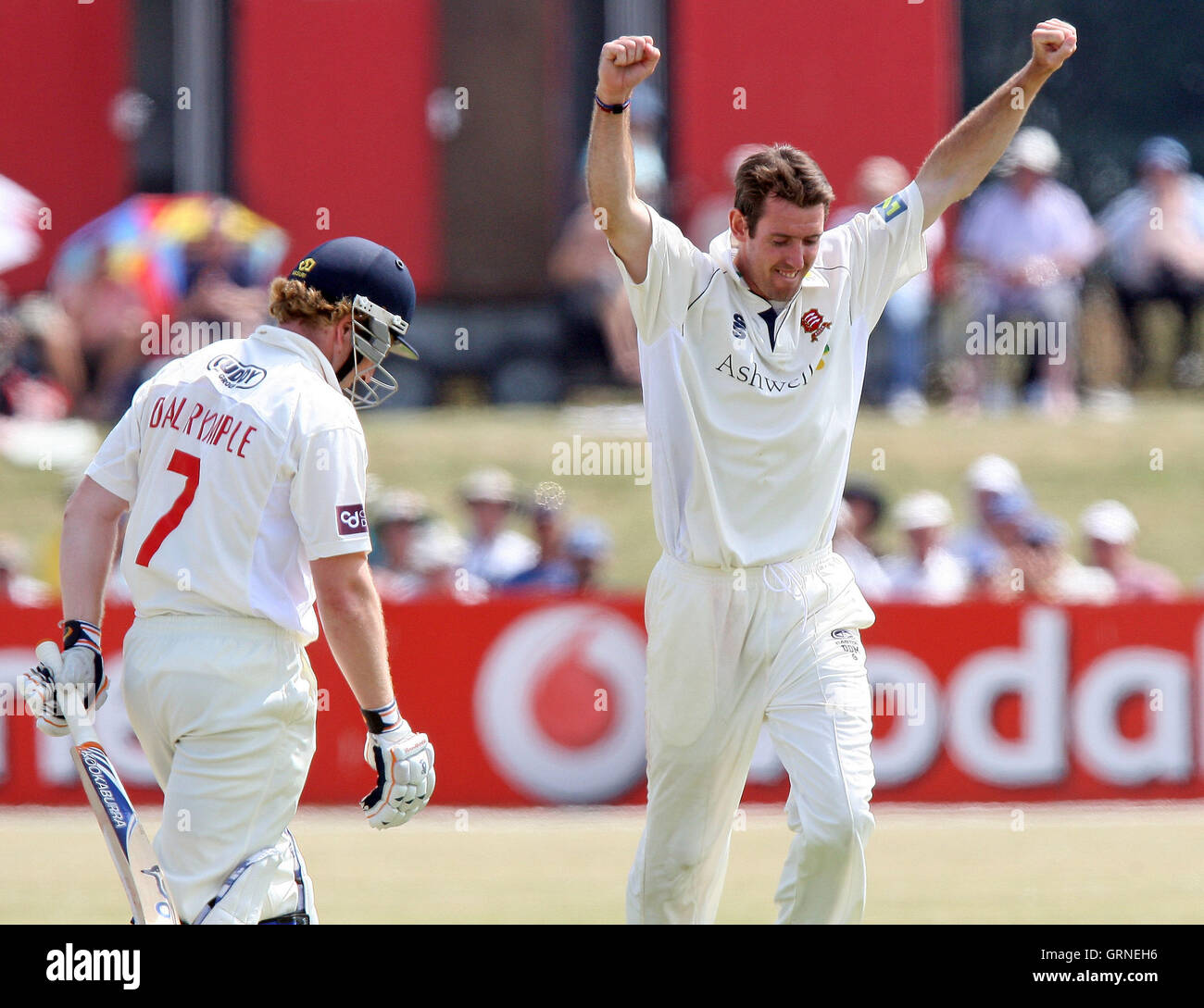 David Masters of Essex celebrates the wicket of Jamie Dalrymple (left ...