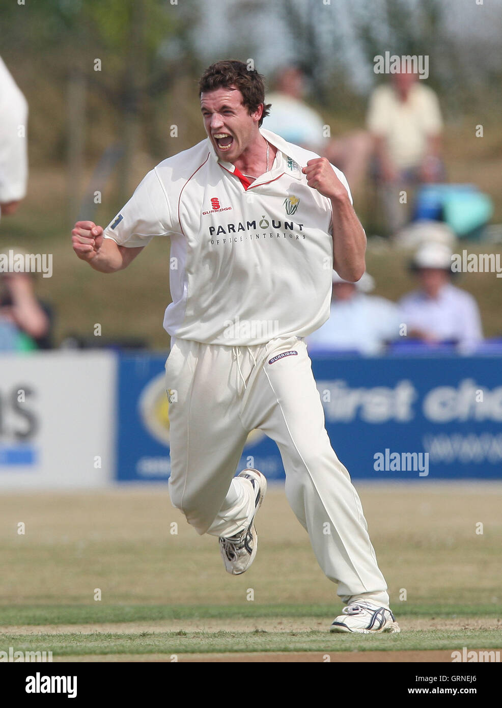 Adam Shantry of Glamorgan celebrates the wicket of Jason Gallian ...