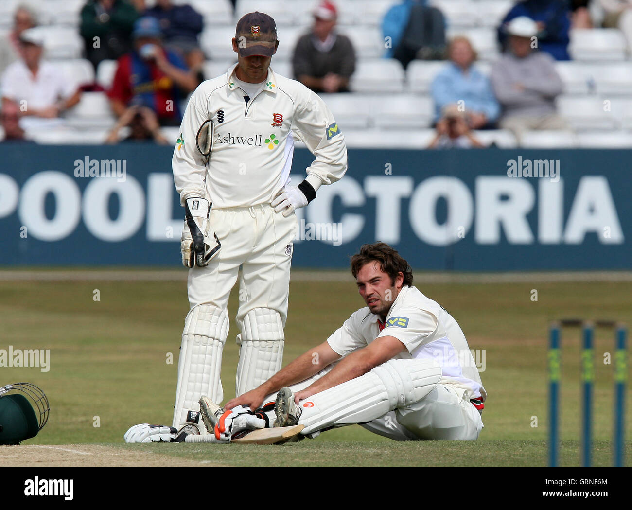 James Benning (sitting) of Leicestershire is hit in the face by a David ...
