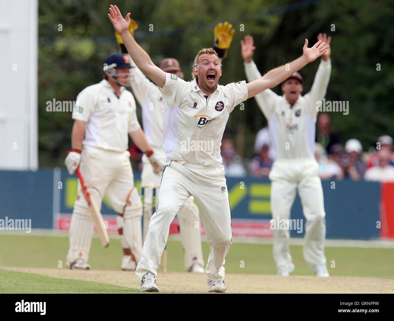 Chris Schofield of Surrey claims the wicket of John Maunders of Essex ...