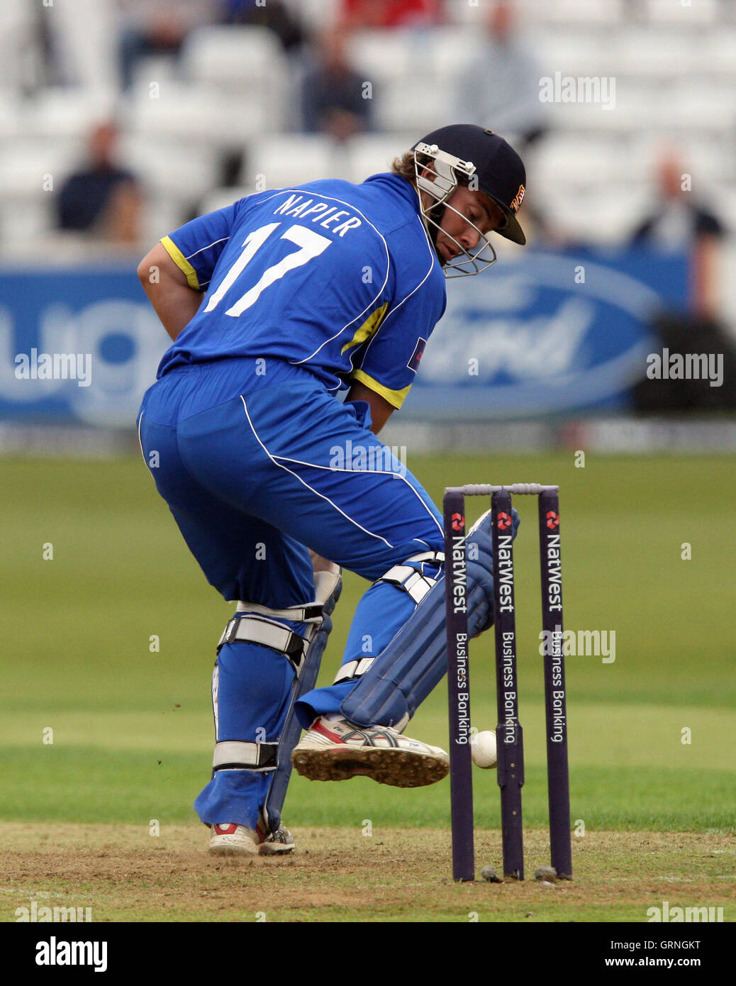 Graham Napier kicks the ball away from his stumps while batting for ...