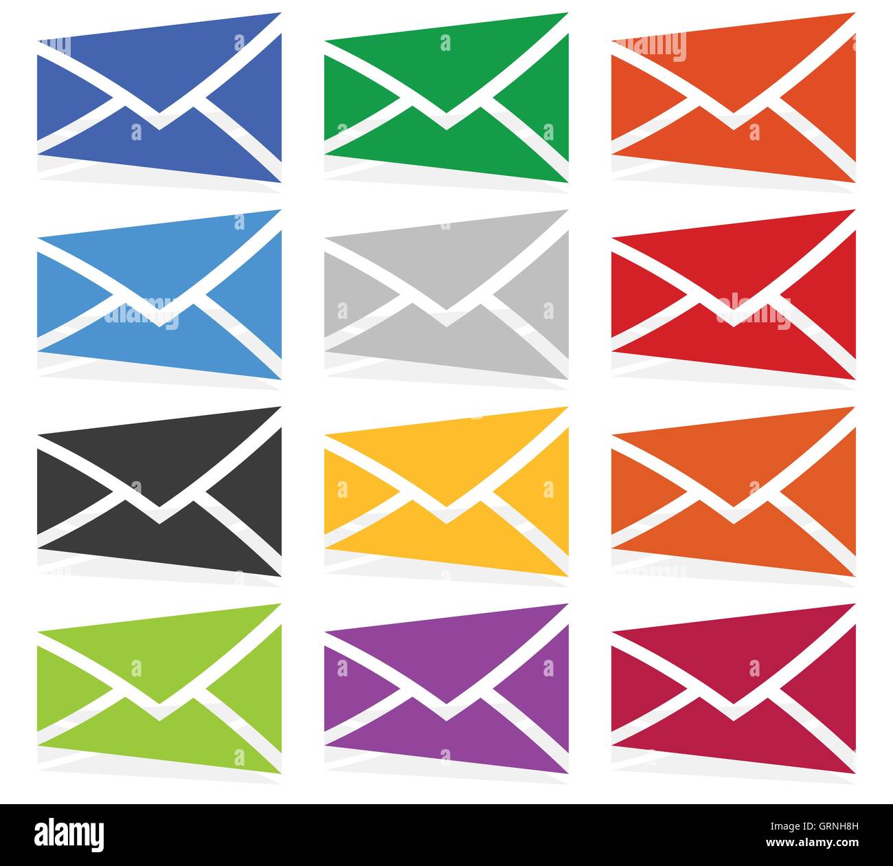 Envelope symbols in 12 colors as contact, support, email icons, buttons ...