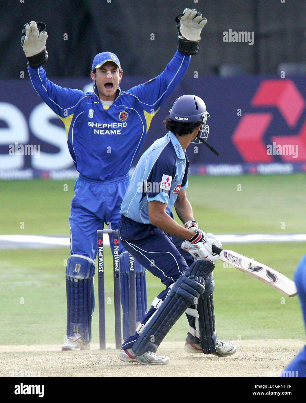 James Foster of Essex appeals successfully for the wicket of Kadeer Ali ...