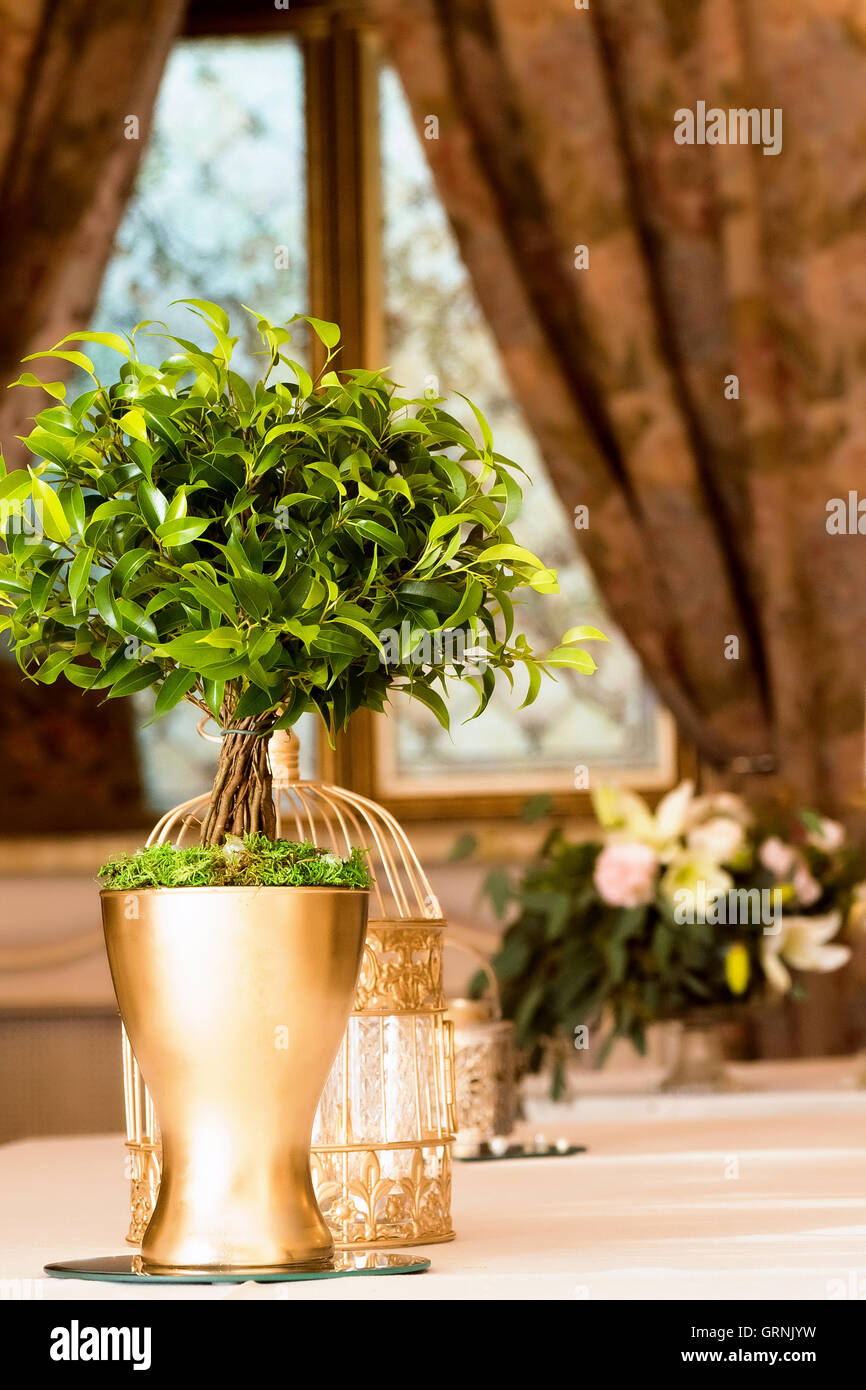 Wedding floral design. The Golden pot is on the table Stock Photo - Alamy