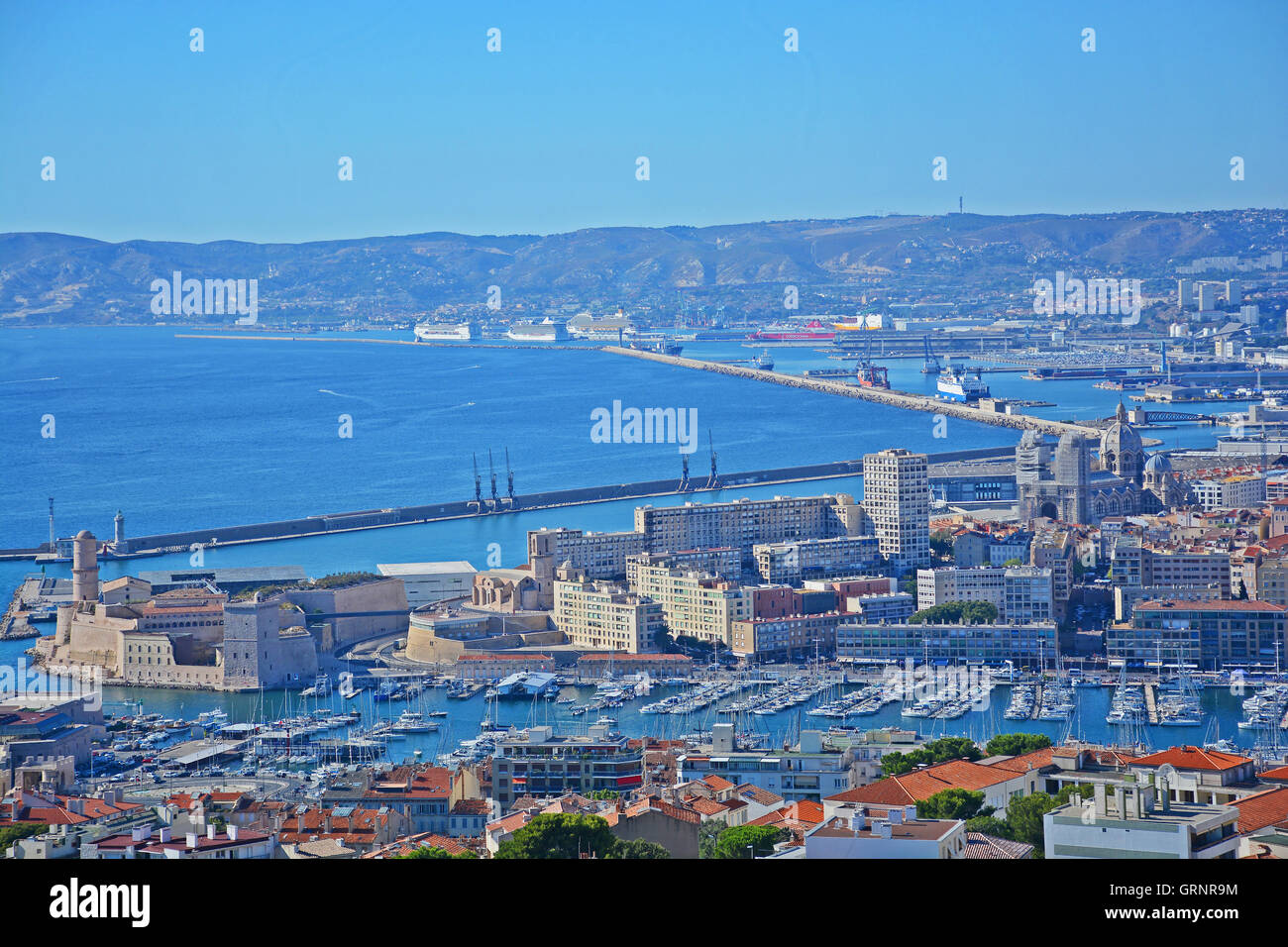 aerial view on the Old port and the Great maritime Port Marseille ...