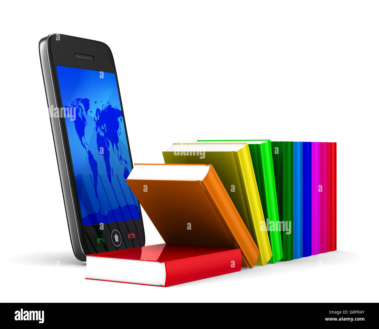 phone and books on white background. Isolated 3D image Stock Photo - Alamy