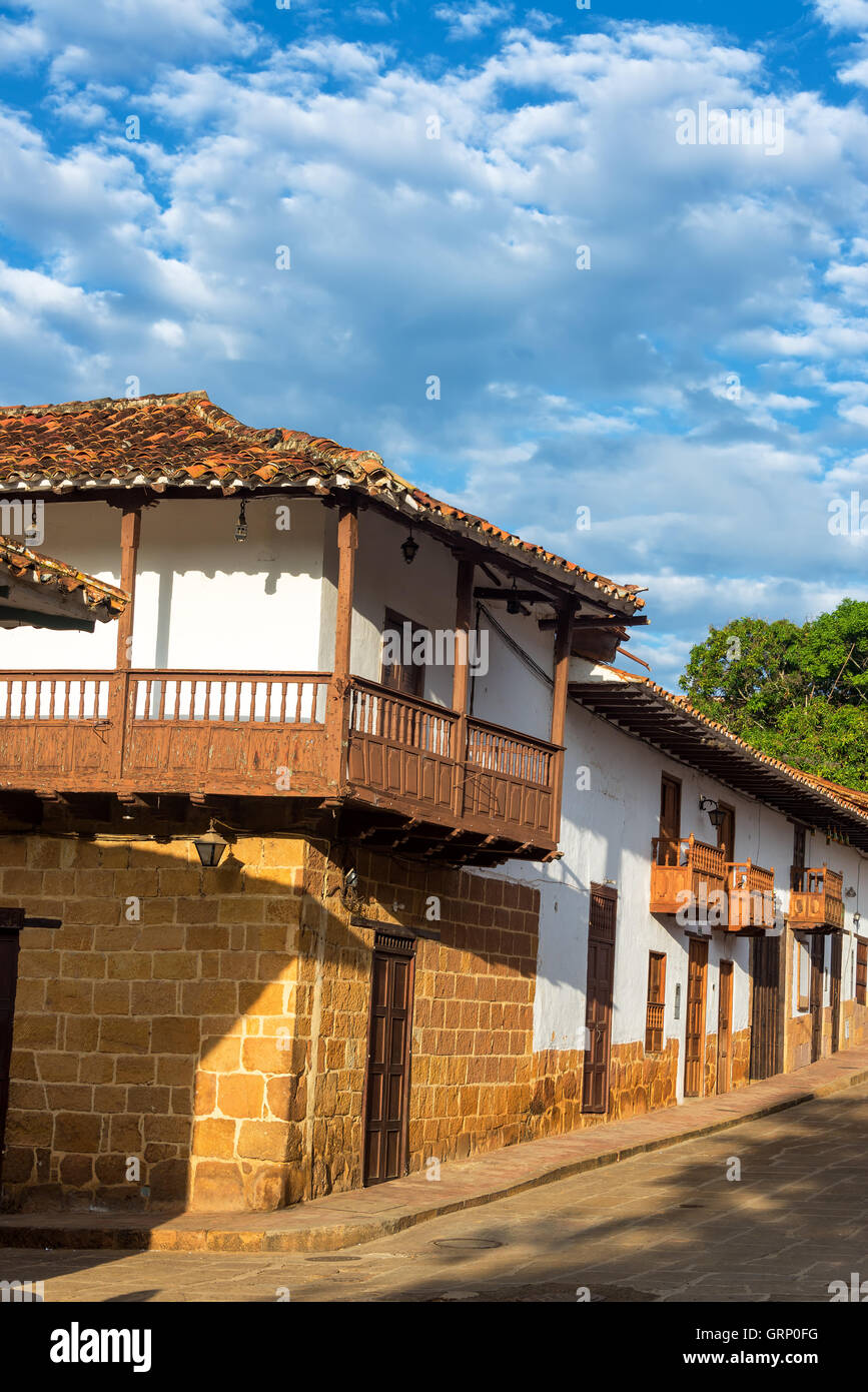 View of a beautiful colonial street corner in Barichara, Colombia Stock ...
