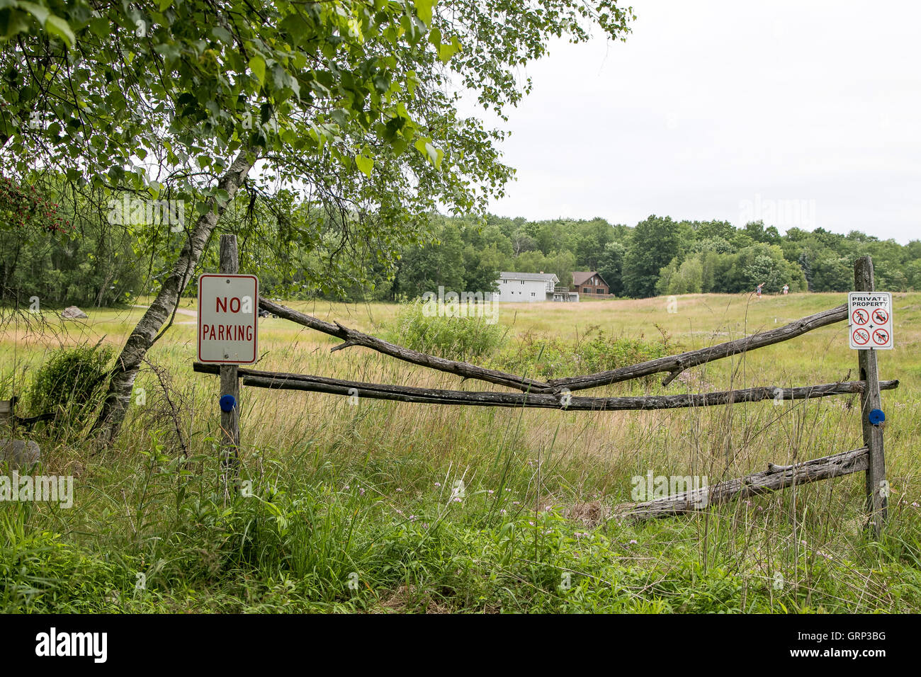 A broken wooden gate made of two thin logs at an edge of a field with a ...