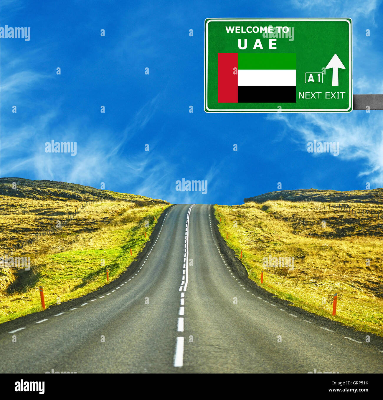 United Arab Emirates road sign against clear blue sky Stock Photo - Alamy