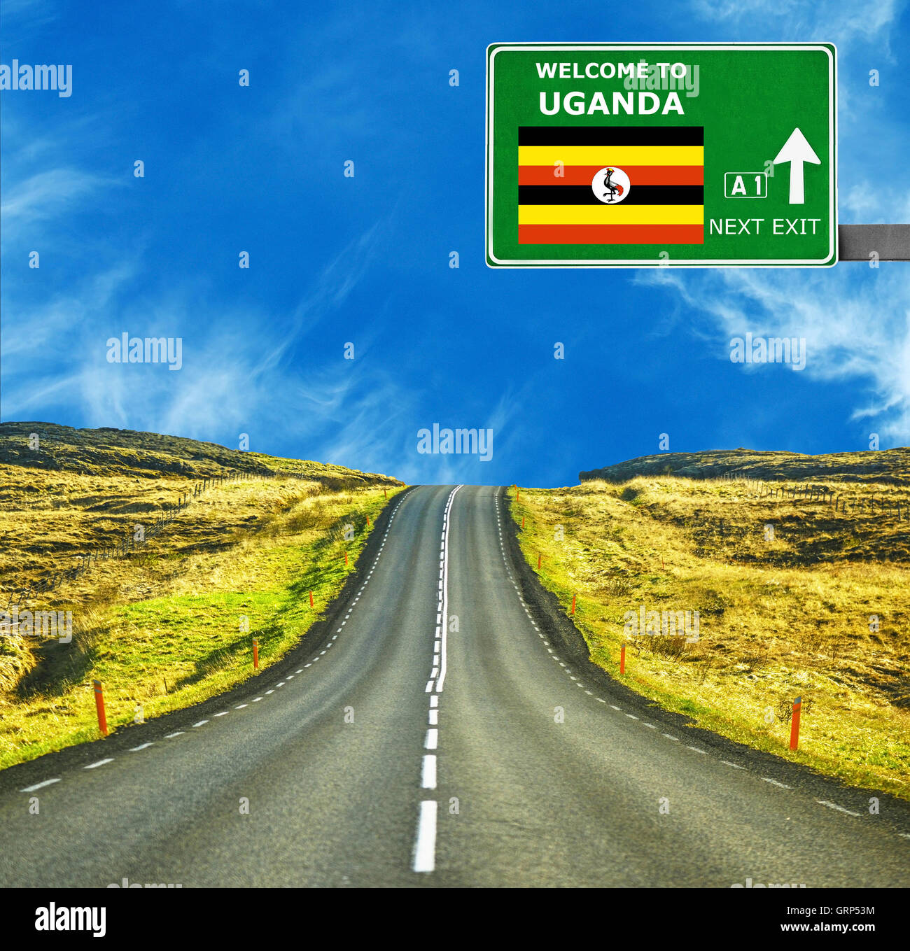 Uganda road sign against clear blue sky Stock Photo - Alamy