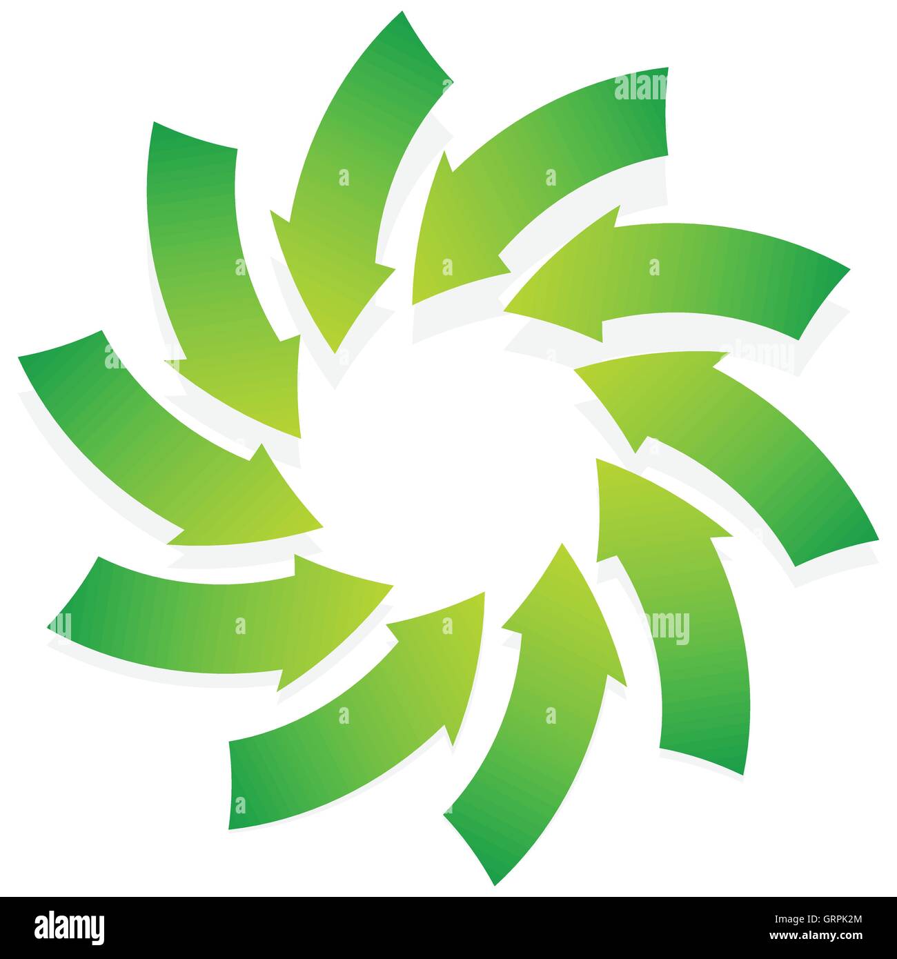Rotating green arrows point inwards / inside. Abstract shape with green ...