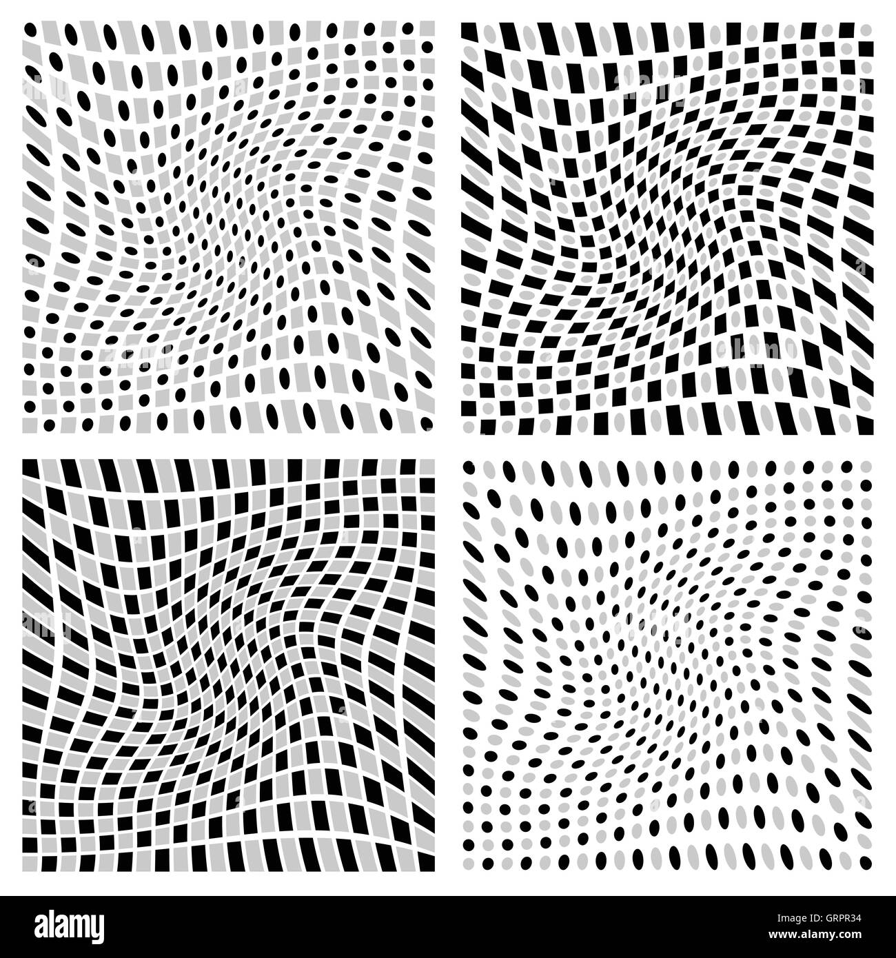 Distorted spirally, rotating patterns with squares and circles Stock ...