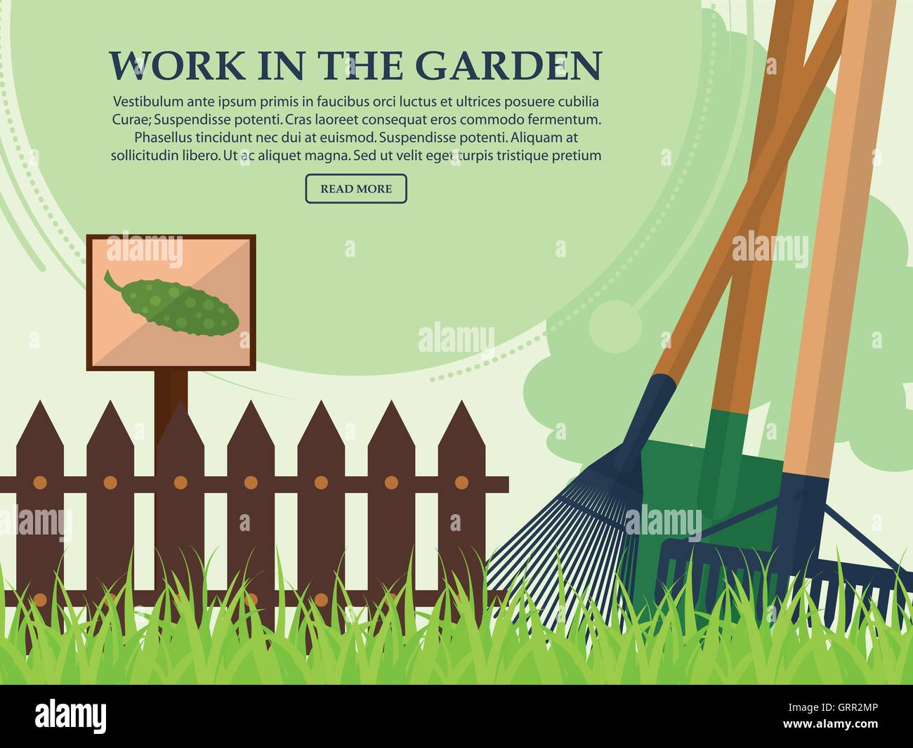 Garden tools and a fence on a light background with place for your text ...