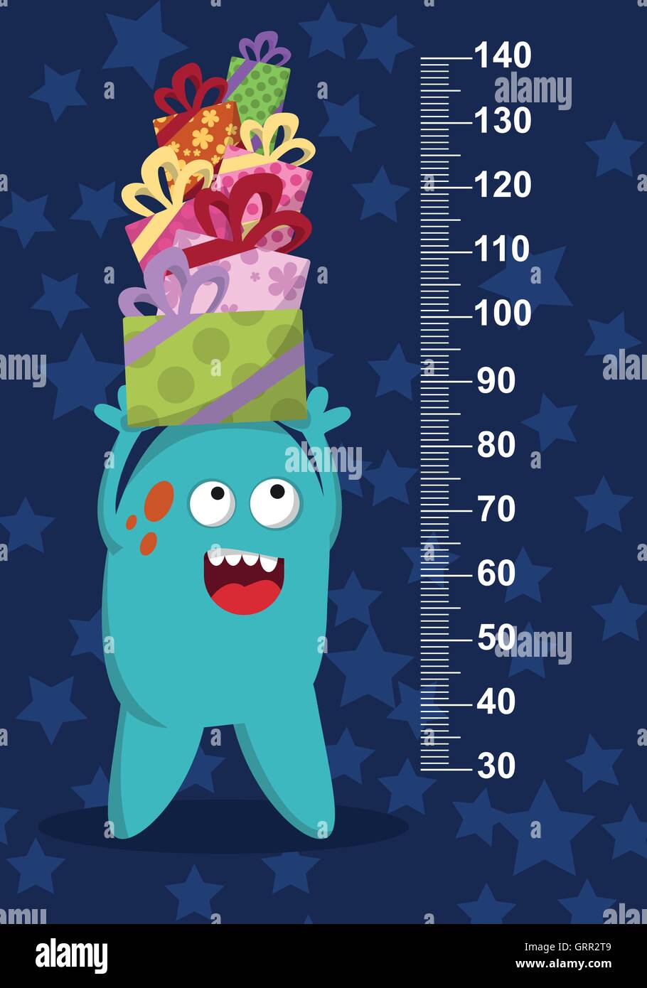 Happy blue monster with gifts on background with stars. Stadiometer ...