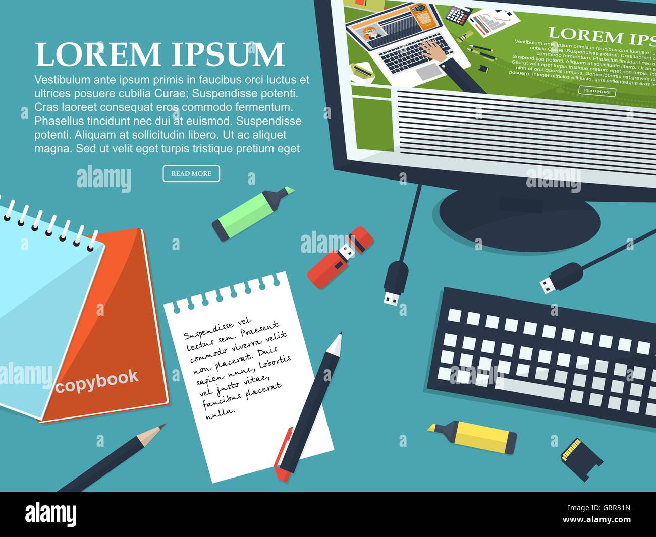 Working student table with place for your text. Flat background. Vector ...