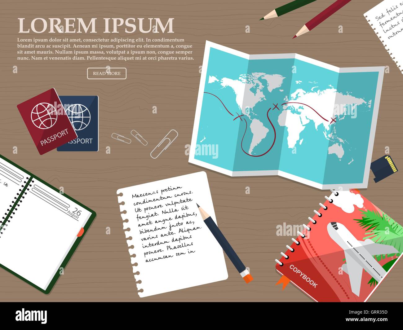 Travel, tourism in a flat style. World travel. Traveller table. Vector ...