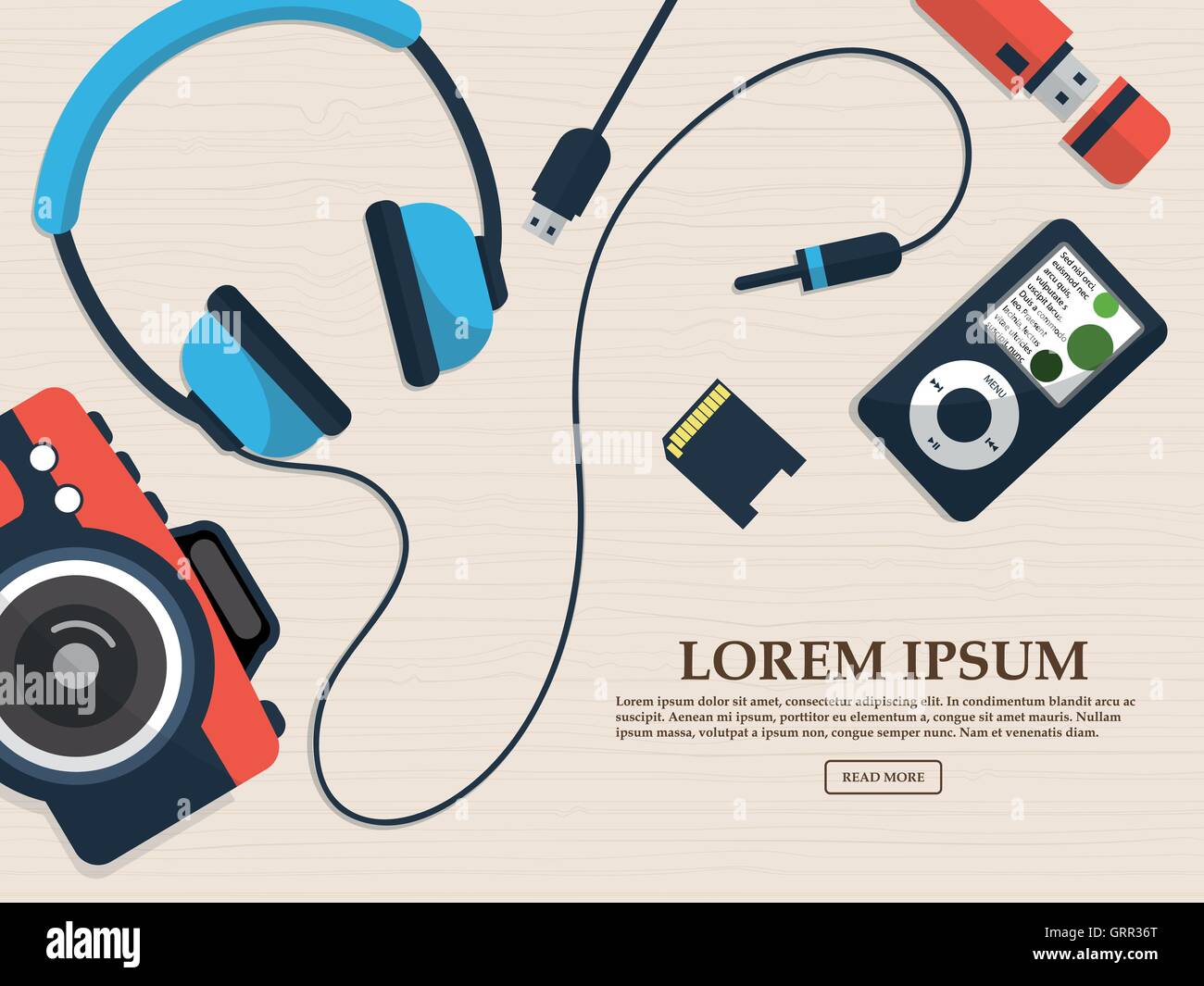 Set of gadget with photo camera, flash card and headphones on a table ...