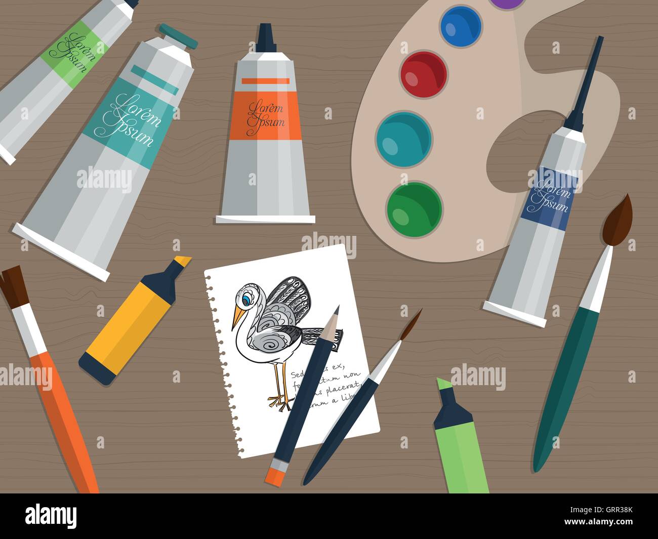 Set of drawing and painting tools on the table. Vector Stock Vector ...