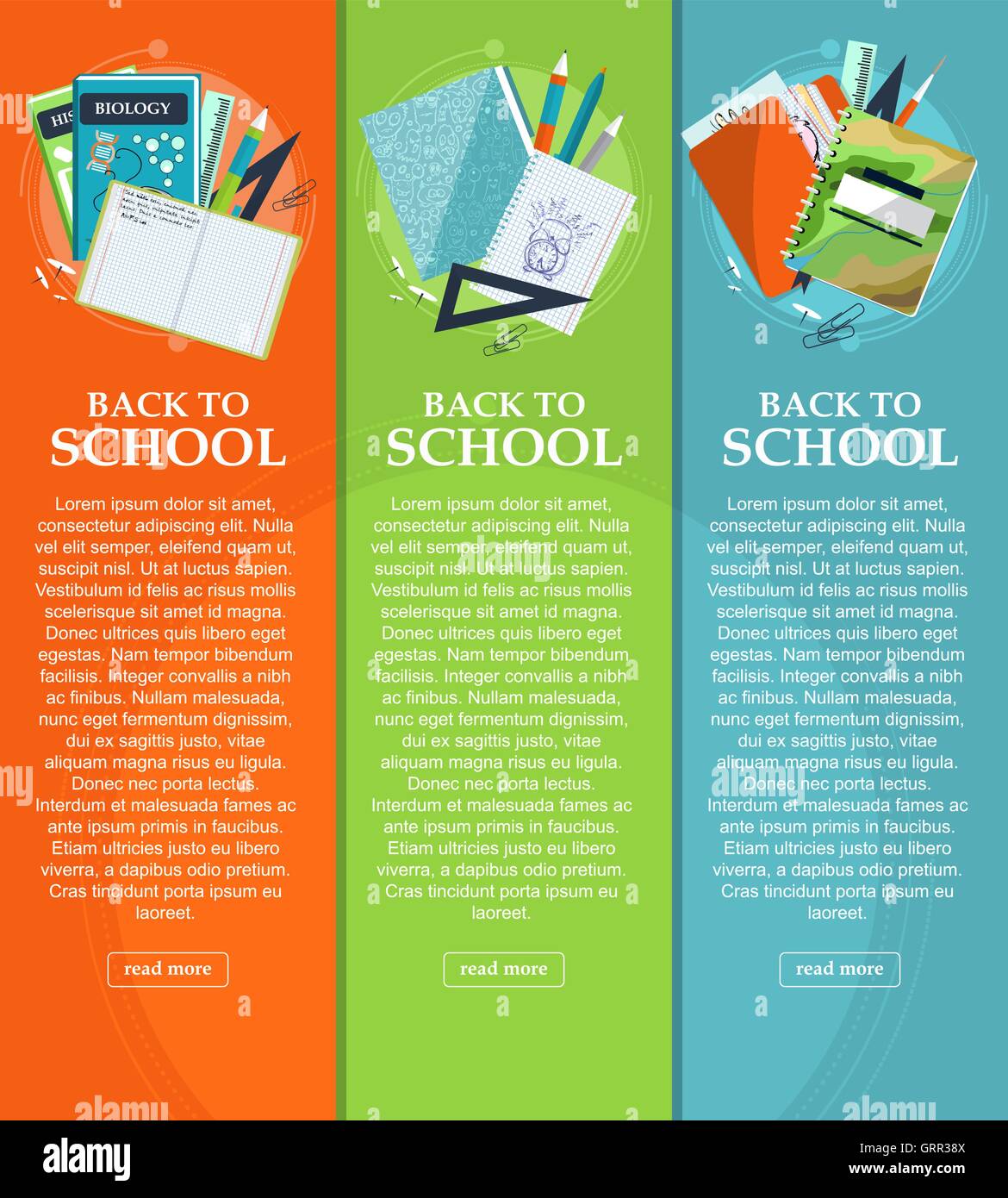 Set of banners back to school with stationery, folders, books and ...